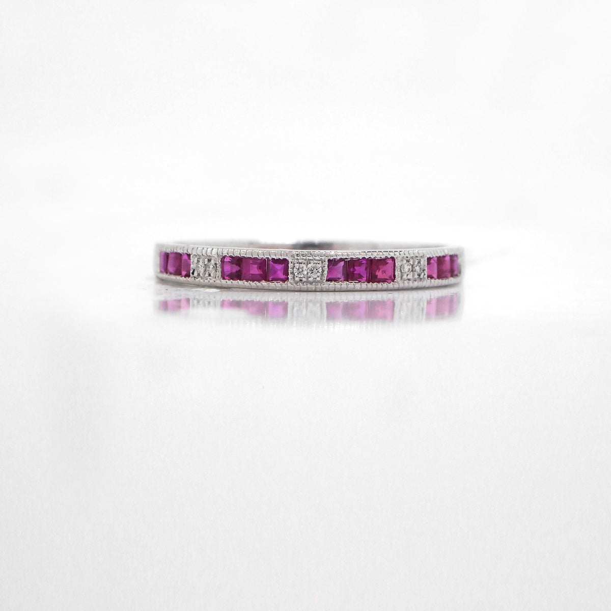 14K White Gold Ruby And Diamond Band - Judith Arnell Jewelers